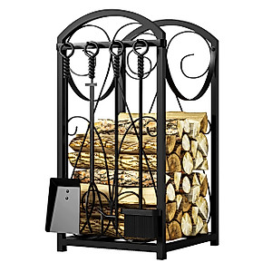 Kingson 5-Piece Firewood Log Rack With 4 Fireplace Tools Set Fireside Holder Wood Lumber Storage Stacking With Tongs Shovel Poker And Brush-Black