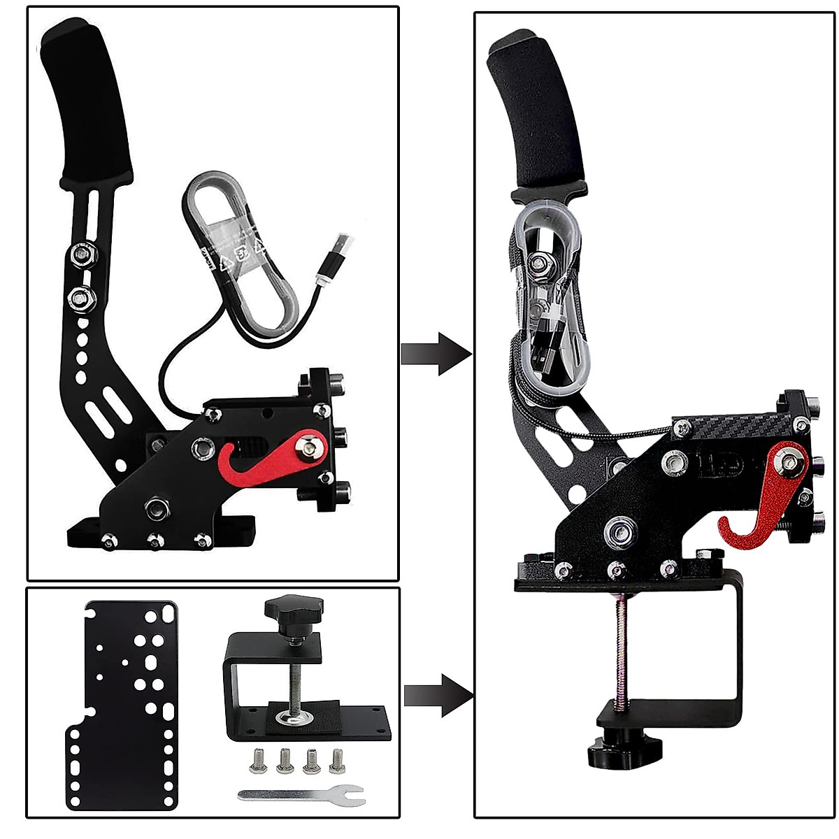 Obokidlyamor 64Bit PC USB Handbrake For 2 IN 1 Compatible with PS4/PS5 Console Controller and PC system; Work on For Logitech G29 Racing Steering wheel (With Clamp & Plate, Black)
