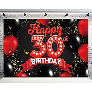 Happy 30th Birthday Red and Black Banner Backdrop Decorations Balloons Theme Decor for Girls Women Princess 30 Years Old Birthday Party Bday Photo Booth Props Supplies Background Favors Glitter Gold