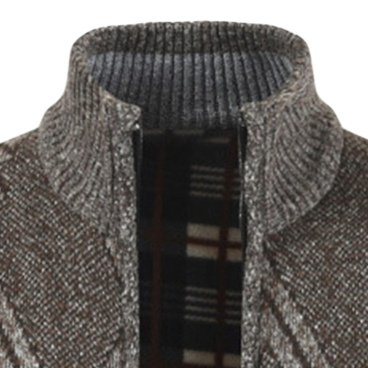 Men Zip Up Thick Knitted Cardigan Stand Collar Fleece Lined Sweaters Slim Fit Winter Warm Sweater with Pockets (Brown,Large)