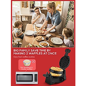Waffle Maker, Belgian Waffle Maker Iron 180° Flip Double Waffle, 8 Slices, Rotating & Nonstick Plates, Removable Drip Tray Easy to Clean, Cool Touch Handle, Handle Lock for Easy Storage, 1400W (Red)