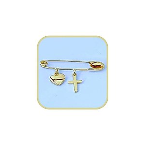 14k. Yellow Gold Baby Safety Pin with Two Charms/Cross & Heart Charms/Christening/Baptism/NOT Gold Filled NOT Gold Plated