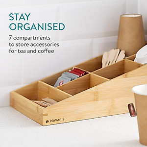 Navaris Coffee and Tea Station - Bamboo Organiser Station Caddy for Coffee and Tea Condiment Accessories Office Home Kitchen Bar - 7 Compartments
