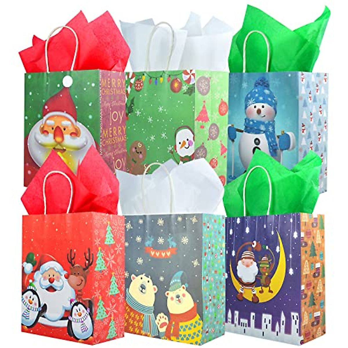 24 pcs Christmas Kraft Gift Bags with 24 Tissue Papers, Holiday Paper Gift Bags,Party Favors Goody Bags, Xmas Presents, Classrooms and Wrapping Stocking Stuffers (Merry Christmas A)