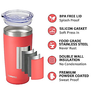 SUNWILL Travel Coffee Tumbler 20 oz, Insulated Mug with Lid, Stainless Steel Cup for Hot and Cold Drinks, Powder Coated Coral