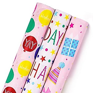 MAYPLUSS Birthday Wrapping Paper Roll - Mini Roll - 17" X 120" Per roll - Pink Design (42.3 sq.ft.ttl)