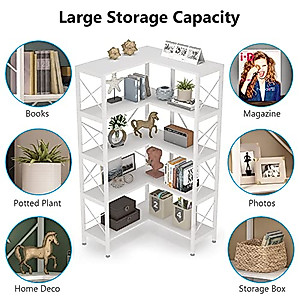 Tribesigns 5-Shelf Corner Bookshelf, Large Modern Corner Bookcase, 5-Tier Tall Corner Shelf Storage Display Rack with Metal Frame for Living Room Home Office (White)