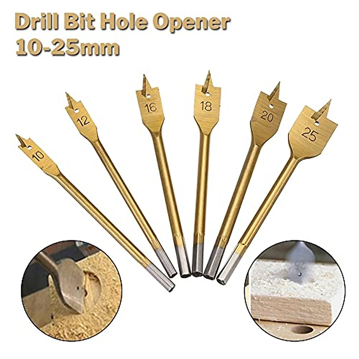 Spade Drill Bit Set, 6 Pieces Paddle Flat Bits for Woodworking, Carbon Steel with Titanium Coating, Quick Change Shank, Hole Cutter, 10mm 12mm 16mm 18mm 20mm 25mm