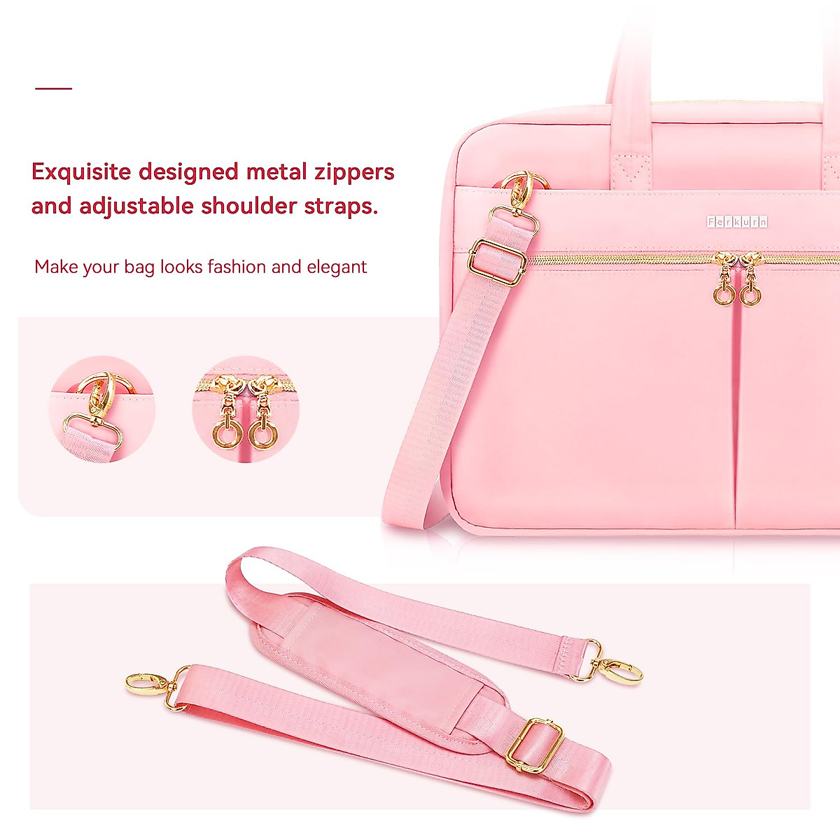 Ferkurn Laptop Bag Case Women Men Computer Bag Compatible with MacBook/HP/LG/Dell, Shoulder Strap Carrying Briefcase Messenger Bag, Pink, 15.6-16 Inch