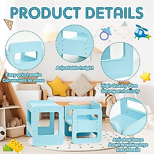 Beeveer Montessori Weaning Table and Chair Set Kids Toddler Wooden Table and Chair Set Adjustable Height Weaning Table with Fence for 8 Mouth-4 Years Old Activity Reading Play Toys Gift(Blue)