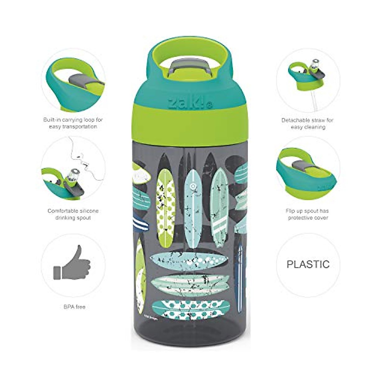 Zak Designs 16oz Riverside Beach Life Kids Water Bottle with Straw and Built in Carrying Loop Made of Durable Plastic, Leak-Proof Design for Travel, 2 count (Pack of 1)