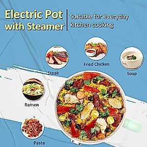 Ankale Hot Pot Electric with Steamer, 1.5L Portable Nonstick Rapid Electric Ramen Cooker, MultiFunction Mini Pot with Power Adjustable, Travel Electric Pot for Pasta/Noodles/Shabu Shabu/Oatmeal, Green