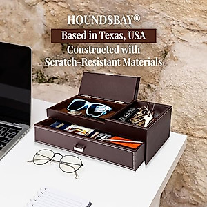 HOUNDSBAY Valet Tray and Nightstand Organizer - Hand Crafted EDC Tray with Phone Area, Cable Cutaway, Drawer – Durable, Scratch Resistant Materials - Compact Footprint with Ample Storage - Valet Box