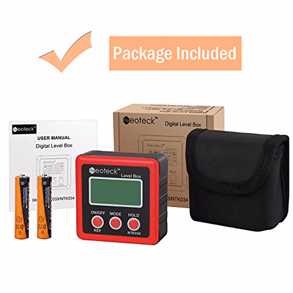 Neoteck Digital Angle Finder, Backlight LCD Digital Angle Gauge Protractor Inclinometer Bevel Box, Magnetic Base, Data Hold, IP54 Dust and Water Resistant- Red