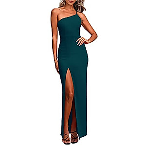 PRETTYGARDEN Women's Summer Formal Wedding Guest Dresses One Shoulder Spaghetti Strap High Slit Maxi Bodycon Dress (Cyan,Small)