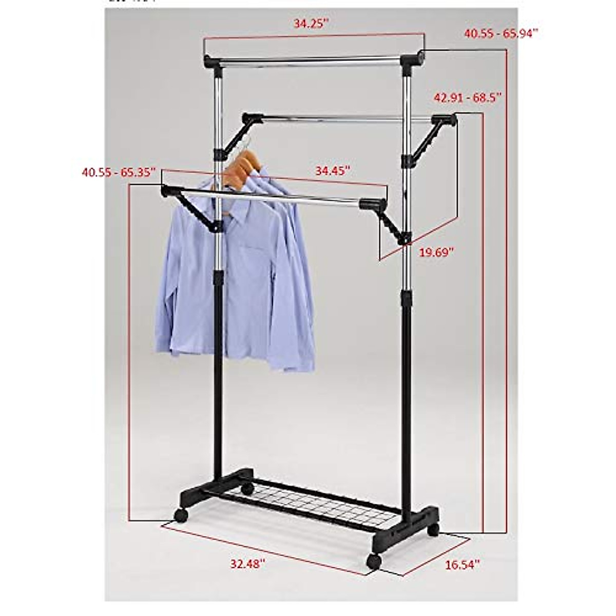 Kings Brand Furniture - 3-Rod Adjustable Garment Rack - Rolling Clothes Organizer , Black/Chrome