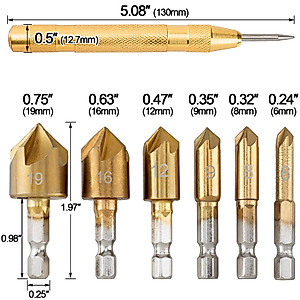 PAGOW Countersink Drill Bit Set- 7 Pcs Counter Sinker Drill Bits for Wood, Quick Change, 1/4'' Hex Shank, High Speed Steel, 6 Flute 90 Degree Center Punch Tool, 1/4''-3/4''