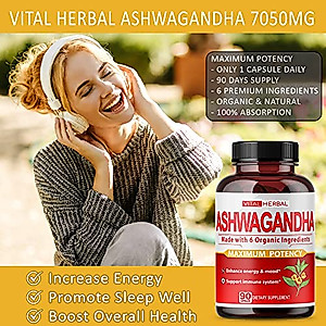 Organic Ashwagandha Capsules Equivalent to 7050mg - Maximum Potency with L-Theanine Turmeric Rhodiola St. John's Wort Increase Strength Focus Mood Sleep Support - 90 Days Supply