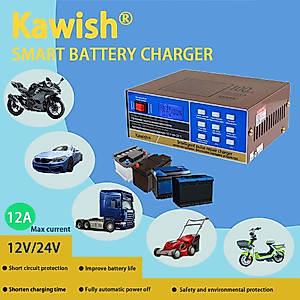 Kawish Full Automatic Car Battery Charger 12V/10A | 24V/7.5A Intelligent Pulse Repair Battery Charger Truck Motorcycle Charger with Terminal Clean Brush for Automotive,Boat,Motorcycle