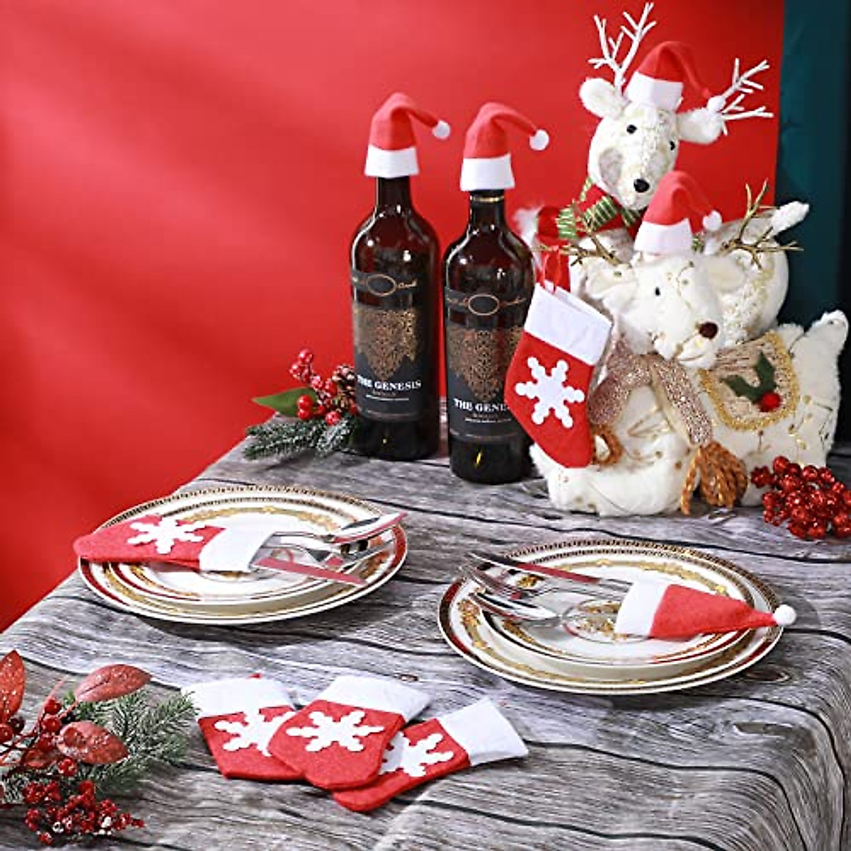 Sawysine 36Pieces Christmas Silverware Holders Christmas Stockings Dinner Table Decorations Mini Santa Hats Cutlery Holder Fork Spoon Knife Storage Bag for Dinnerware Xmas Holiday Dinner Supplies