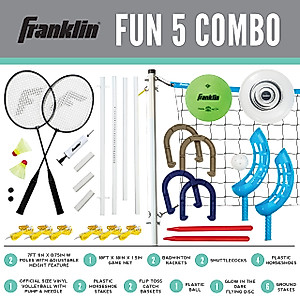 Franklin Sports Fun 5 Combo Outdoor Game Set - Backyard, Beach + Camping Games for Kids - Badminton, Volleyball, Flip Toss, Flying Disc - Horseshoes or Ring Toss