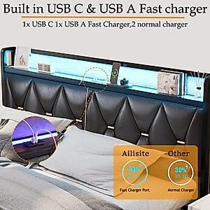 Ailisite Queen Size Bed Frame with Headboard and Storage Drawers, Upholstered Black Platform Bed Frame with Storage Typ-C Charging Port,LED Queen Bed Frame with Headboard,Heavy Duty,No Box Spring Need