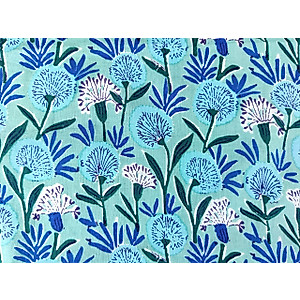 Craftbot Hand Block Print Fabric by The Yard - PRECUT 1 Yard 42 Inch Width - 100% Cotton Material - Aqua and Blue Floral Pattern - Light Weight Indian Cloth for Making Summer Dress Tops Project etc