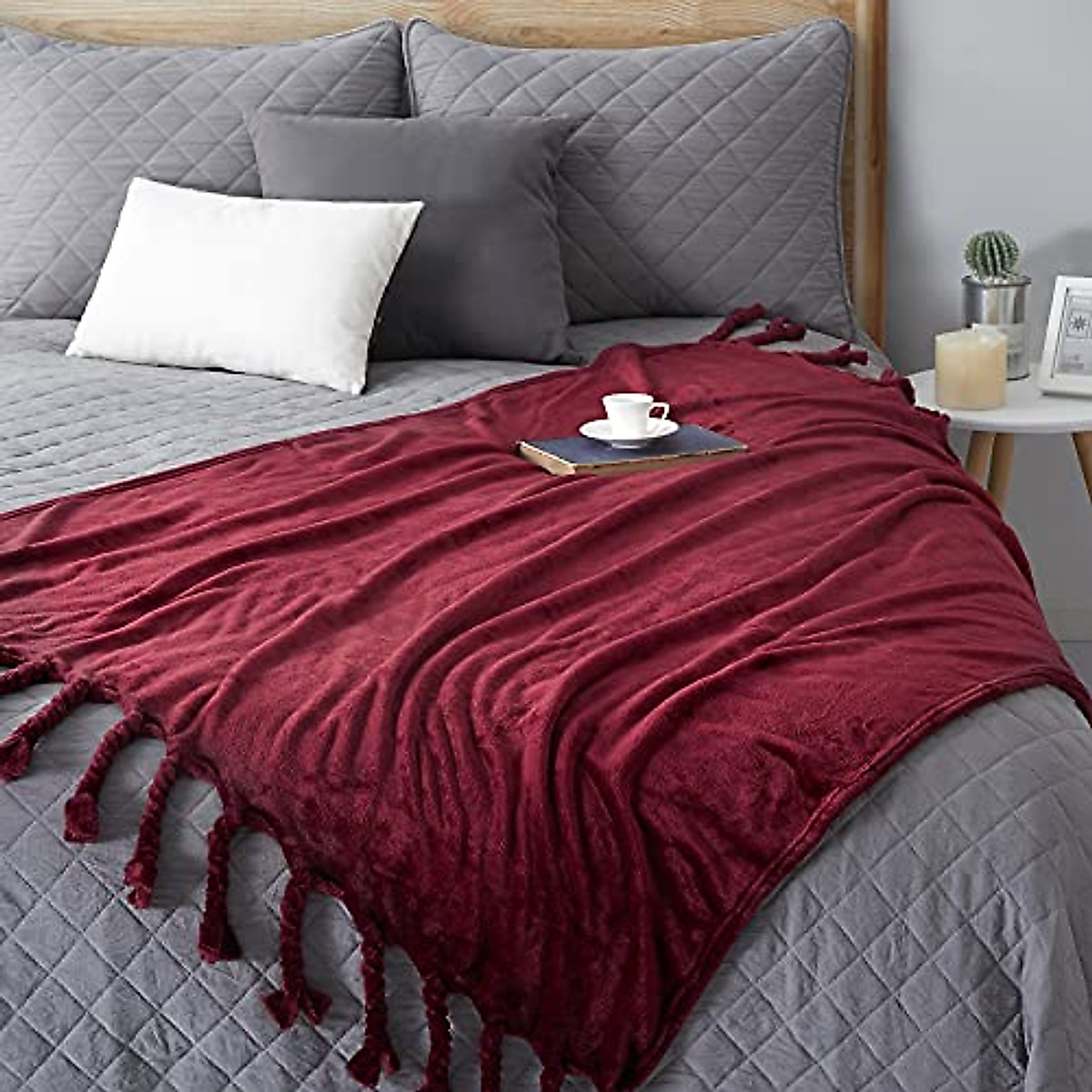 Homiest Fleece Throw Blanket with Fringe, Soft & Cozy Flannel Wine Red Throw Blanket, Lightweight Decorative Throw Blanket for Sofa Bed Chair All Season (Burgundy, 50 x 60 Inch)