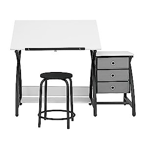 SD STUDIO DESIGNS 2 Piece Comet Center Plus, Craft Table and Matching Stool Set with Storage and Adjustable Top, Black/White, 50x23.75x29.5 inches