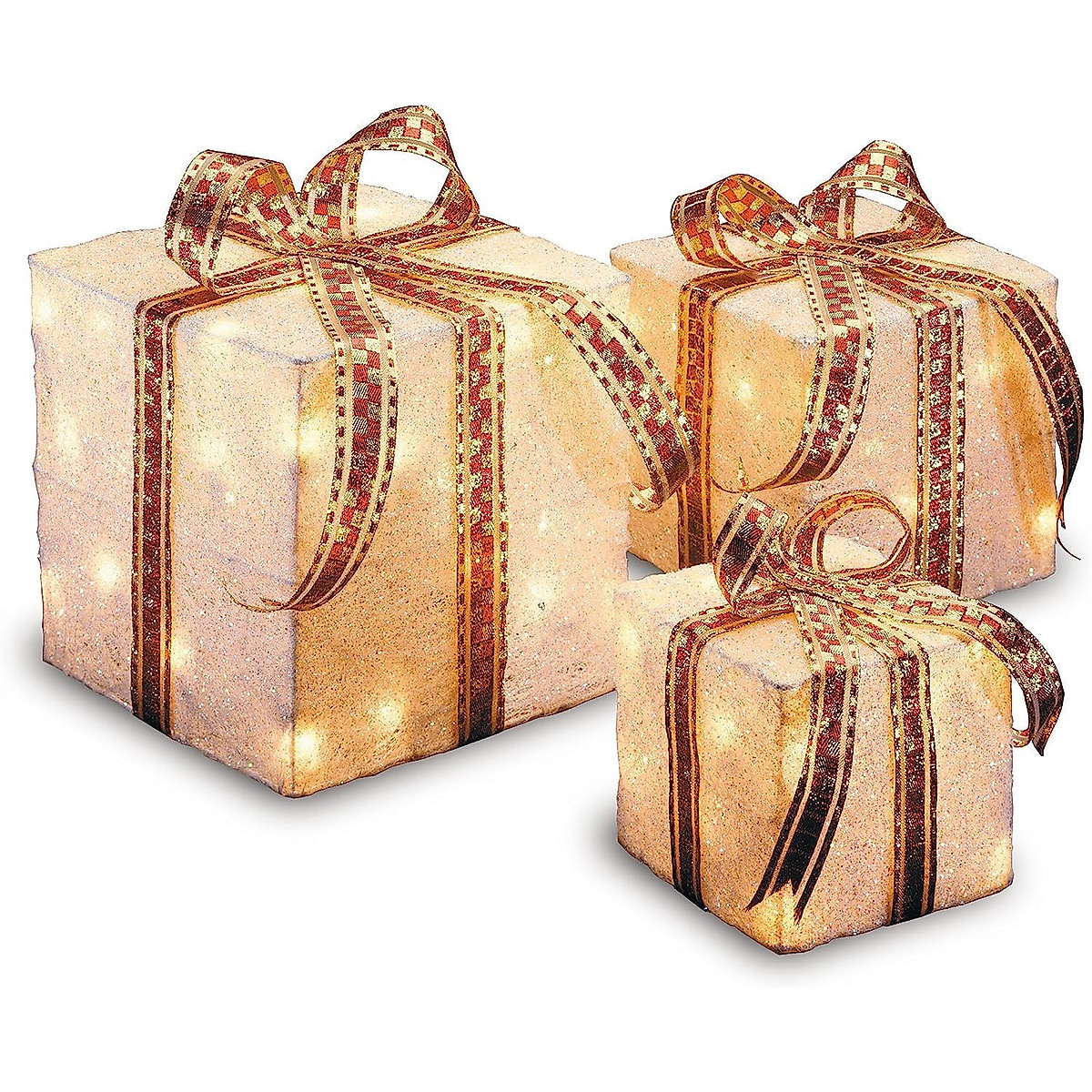 National Tree White Company lit Artificial Christmas Décor 3-Piece Set Includes Pre-strung Lights Sisal Gift Boxes, 10X10X10.6