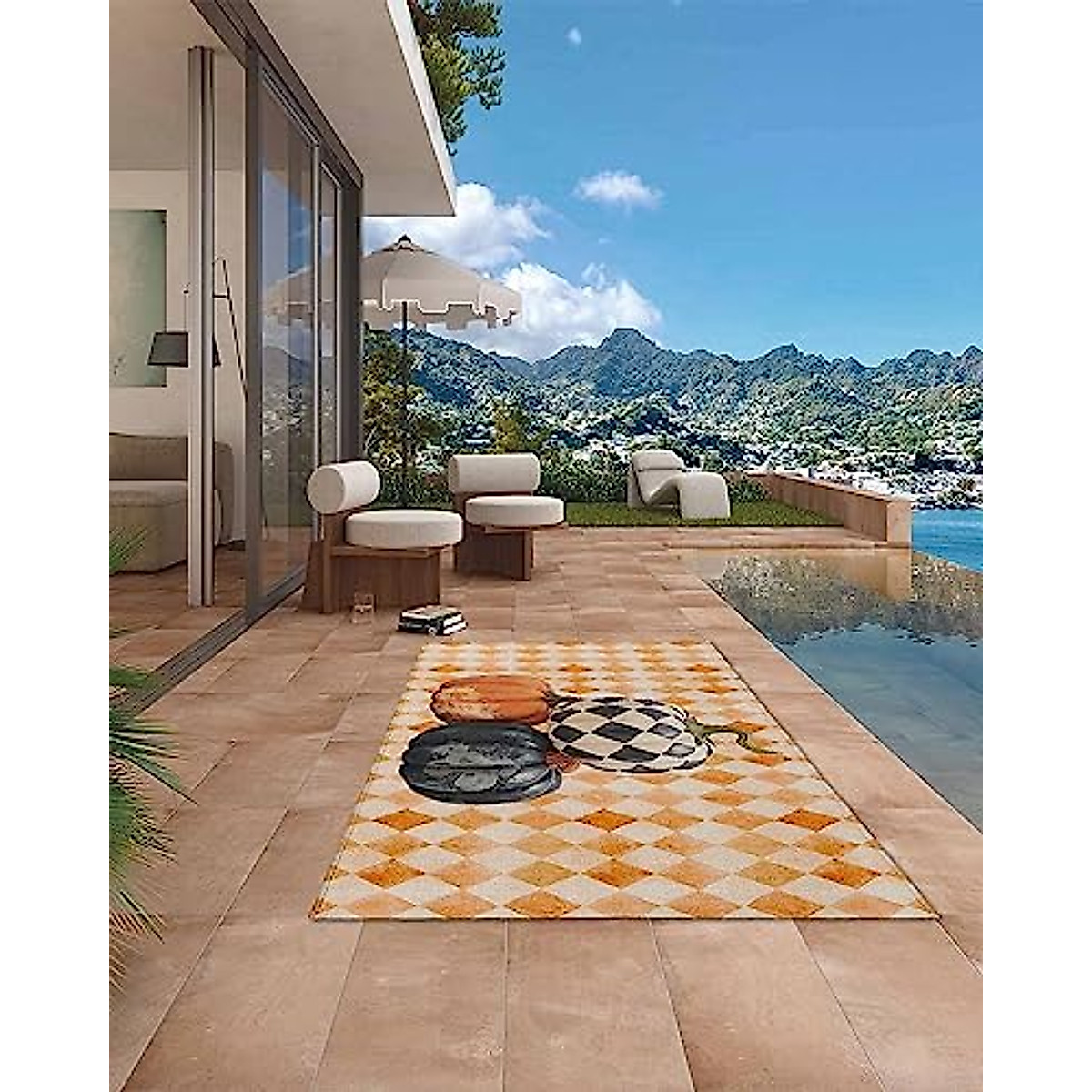 Thanksgiving Fall Outdoor Rug for Patio/Deck/Porch, Non-Slip Large Area Rug 6x9 Ft, Orange Black Pumpkin Fall Orange Plaid Indoor Outdoor Rugs Washable Area Rugs, Reversible Camping Rug Carpet Runner