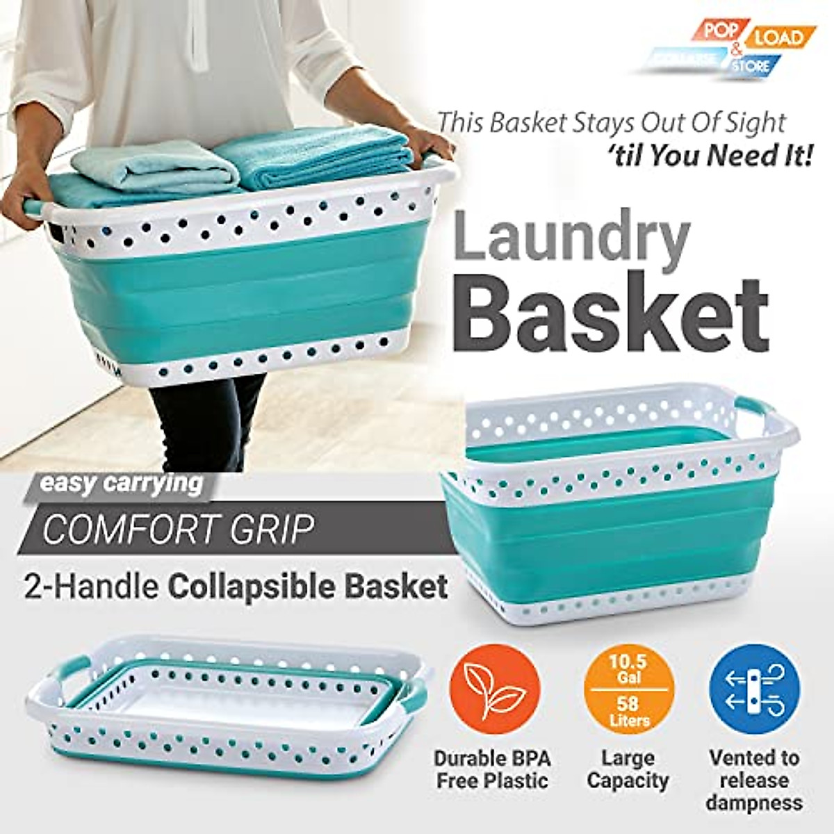 Pop & Load Collapse & Store 1 Large 25" Slim Collapsible Plastic Laundry Basket, Space Saving Portable Pop Up Storage & Organization Basket, 3" High When Folded, Dual Comfort Grip Handles, Teal