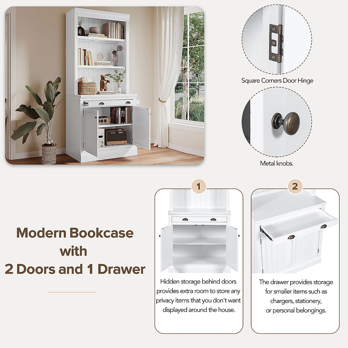 Linique 2PCS Modern Tall Bookshelf with LED Lights, Drawers, Open Shelves & Doors, Storage Bookcase with Adjustable Shelves for Living Room, Bedroom, Home Office, White