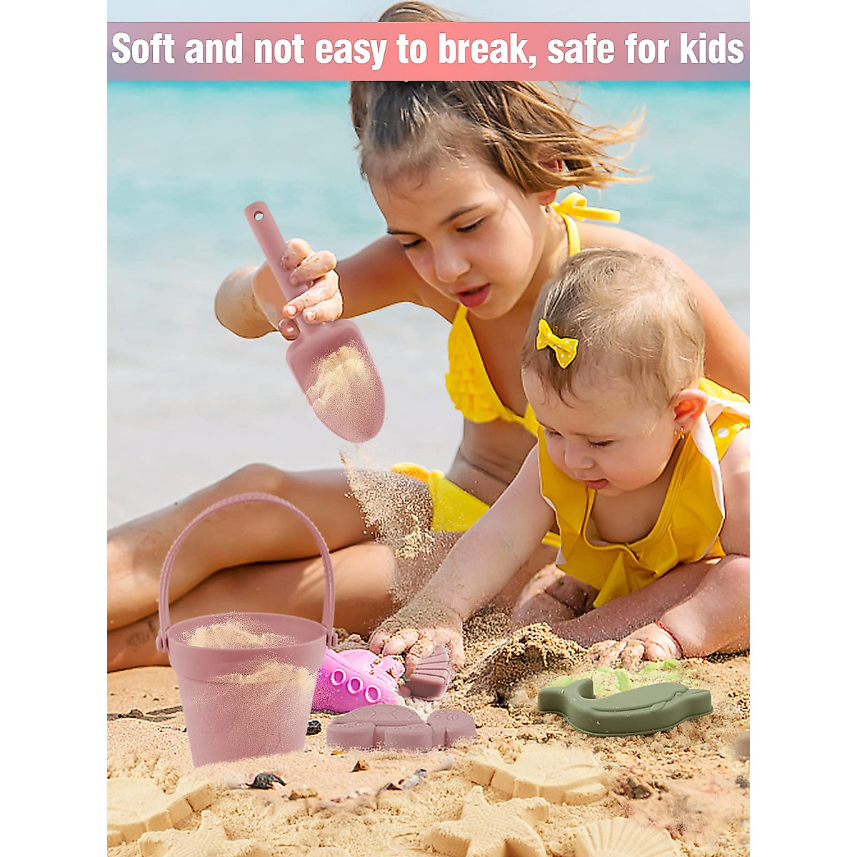 9Pcs Silicone Sand Toys for Baby with Portable Beach Bag - Kids Beach Set with Beach Toy Molds Shovel Bucket Set - Sand Toys Toddler Sandbox Toys for Kids Outdoor Summer Playset