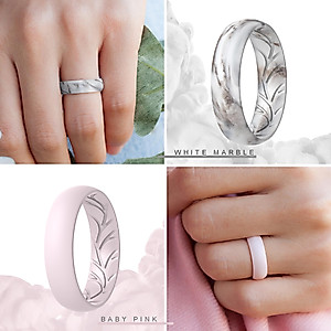 ThunderFit Women Silicone Wedding Bands, Breathable Leaf Cross Pattern Engagement Rings 5.5mm Wide 1.6mm Thick - 1/4 Variety Multipack (Black, Marble, Light Pink, Light Red, Size 8.5-9 (18.9mm))