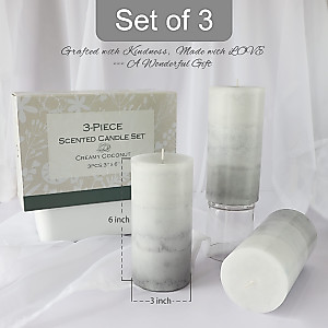 CRYSTAL CLUB White Pillar Candles, Aromatherapy Scented Candles, Set of 3 Tall 3x6 Inch Rustic Grey Candles, Clean Burning and Dripless Candle Lights, Creamy Coconut Scented for Home Décor