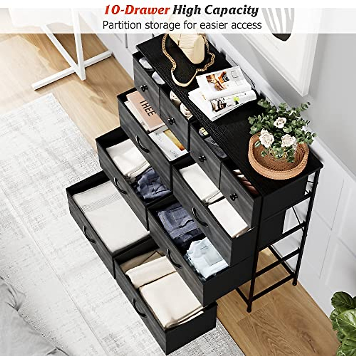 Nicehill Dresser for Bedroom with 10 Drawers, Storage Drawer Organizer, Tall Chest of Drawers for Closet, Clothes, Kids, Baby, Living Room, Wood Board, Fabric Drawers(Black Wood Grain)