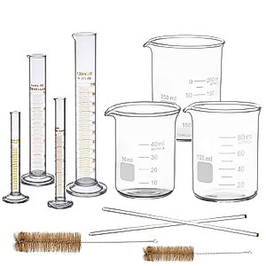 Thick Glass Graduated Measuring Cylinder Set 5ml 10ml 50ml 100ml Glass Measuring Beaker Set 50ml 100ml 250ml with 2 Glass Stirring Rods 12’’ Long 1/4’’ Diameter and 2 Brushes