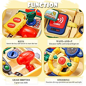 HONGTUO School Bus Toy with Sound and Light, Simulation Steering Wheel Gear Toy, Toddlers School Bus Toys with Music Education Knowledge Simulation Driving Bus Toys, Gift for 1-3-5 Boys & Girls