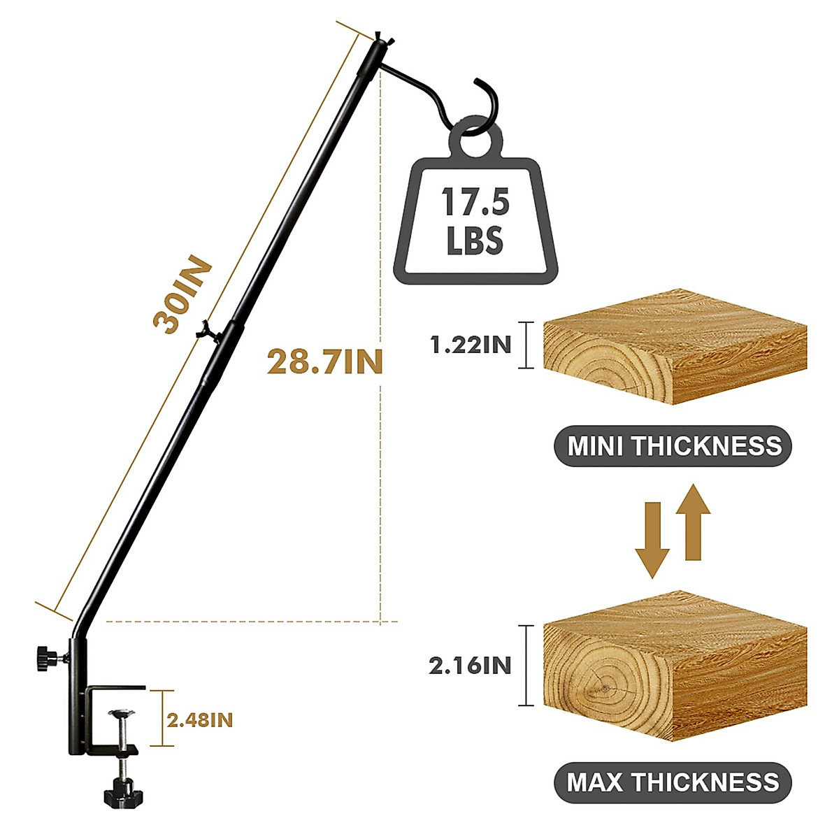 Funtife Deck Bird Feeder Hanger for Railing, 30Inch Heavy Duty Fence Deck Hook Pole, 360 Degree Horizontal Rotary Clamp-On for Hanging Outdoor Plant, Wind Chimes, Lanterns and More, 1Pack