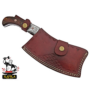 Sapra Damascus steel 10.75” Inches Meat Cleaver Chef Butcher Vegetable frozen Boning Cleaver Knife Heavy Duty Sharp Edge Full Tang Meat Cleaver Bone Copper with Genuine Leather Sheath