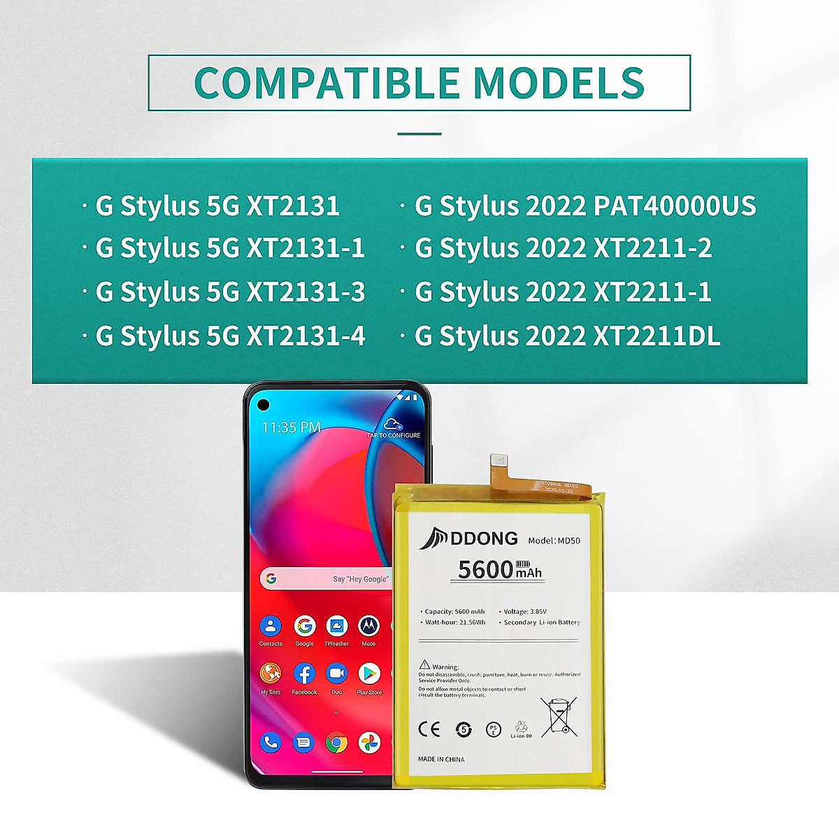 DDONG for Moto G Stylus 5G 2021 XT2131 Battery Upgraded High Capacity 5600mAh Li-Polymer Replacement Battery MD50 with Repair Tools