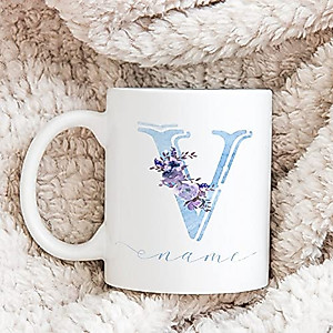 Monogram Letter V Coffee Mugs Watercolor Blue Letter Purple Flower Funny Coffee Mugs Alphabet Letters Ceramic Cup White Drinking Cups with Handle Novelty Gift For Espresso Latte Milk Tea 11oz