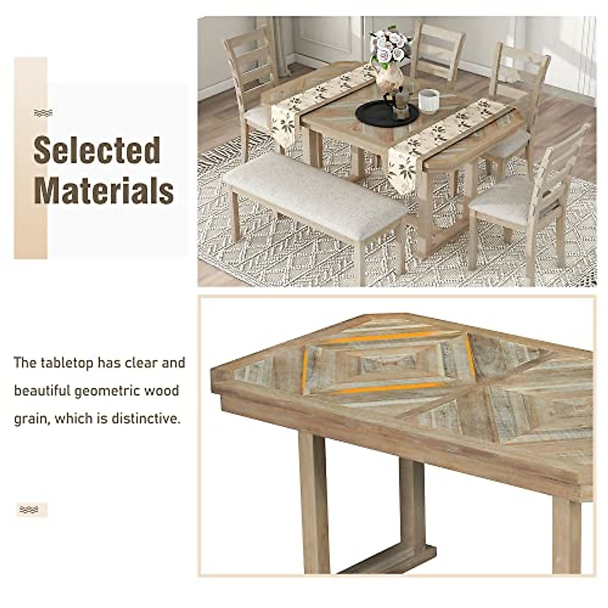 ERDAYE 6-Piece Rubber Dining Table Set with Beautiful Grain Pattern Solid Wood Tabletop and Soft Cushion on Chairs and Bench,Modern Family Kitchen & Dining Room Furniture Suit, Natural Wash