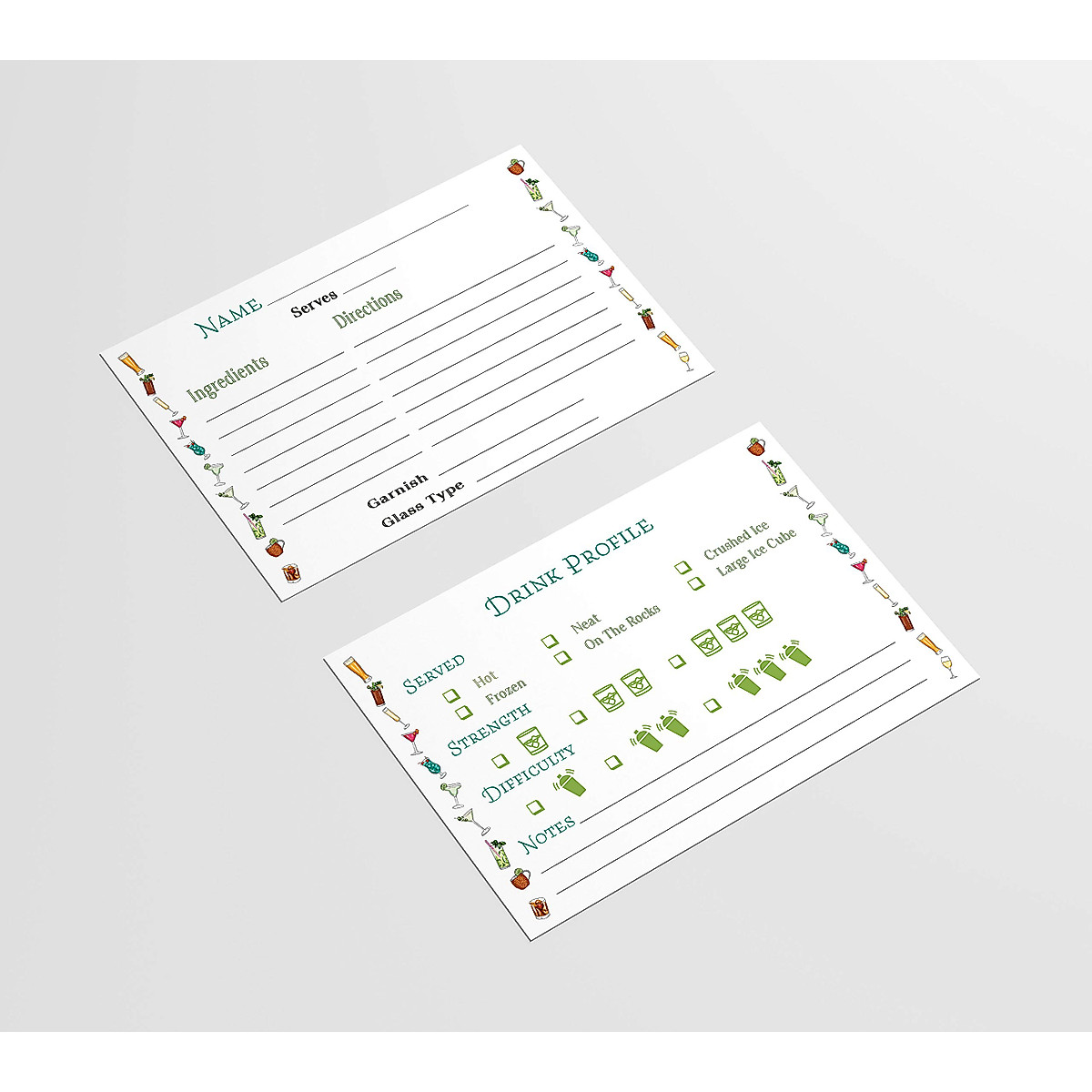 Cocktail Recipe Cards, 4x6 Inches, 50 Fill-in-the-Blank Cards for Recipe Box (Watercolor Border)