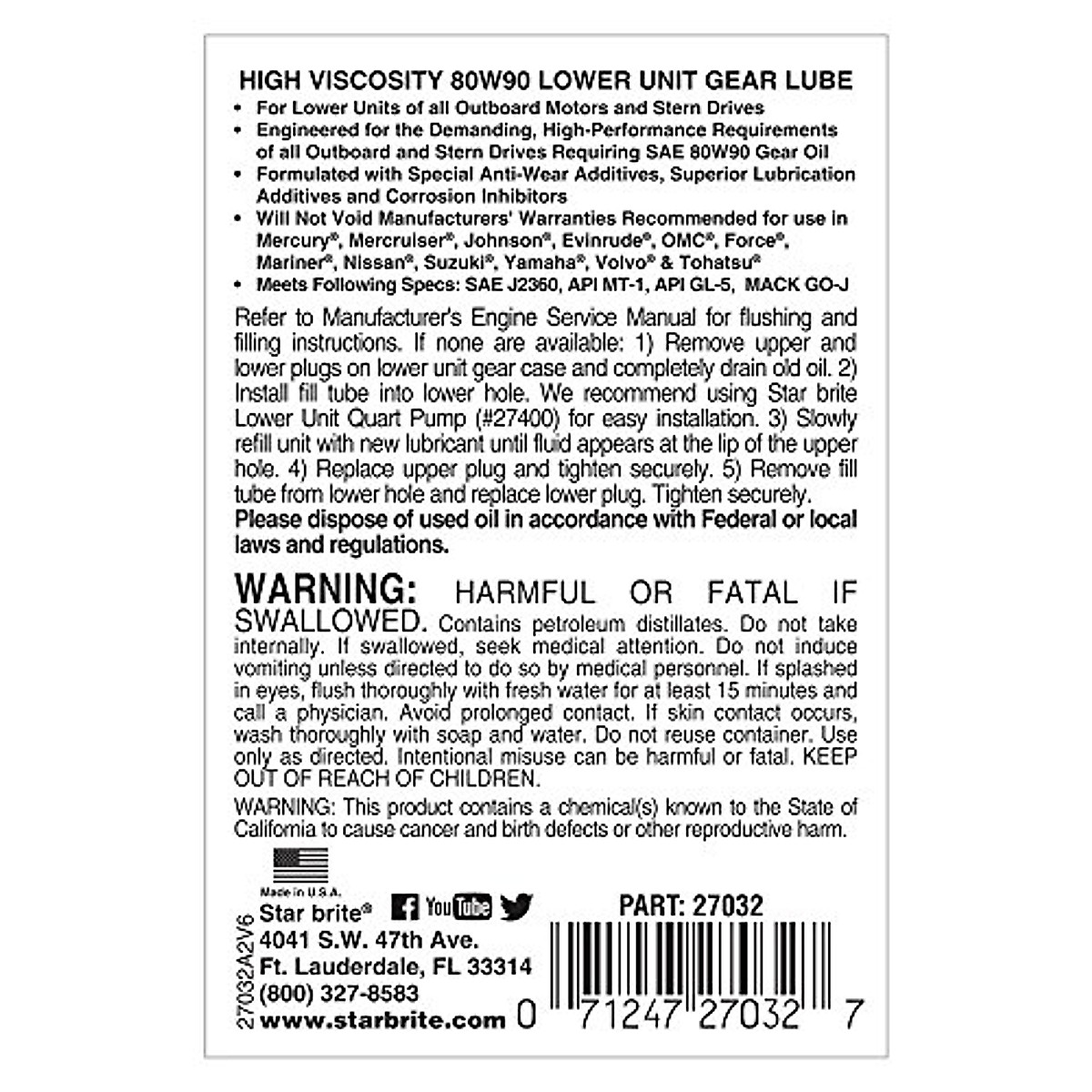STAR BRITE High Viscosity Lower Unit Gear Lube 80W90 - Anti-Wear, Rust & Corrosion Inhibitors, Ideal for Outboard Motors & Stern Drives - 32 OZ (027032)