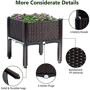 Renatone Set of 4 Raised Garden Beds Outdoor, Planter Box with Self-Watering Design, Drain Holes, Plastic Raised Garden Bed with Legs for Patio Yard Gardening, Grow Vegetables, Flowers, Herbs(Brown)