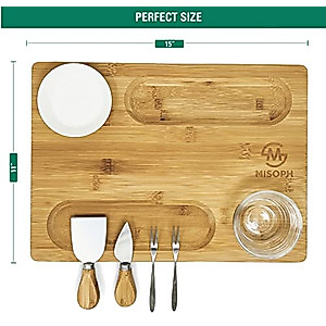 PandPal Bamboo Cheese Board with Knife & Fork Set, Wood Charcuterie Platter & Food Serving Tray for Wine Glasses, Bowls, House Warming Gift, Misoph Collection