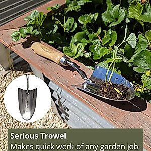 Classic 3 Piece Garden Hand Tool Set Made with Wooden Handle and Stainless Steel. Includes Large Trowel, Cultivator Hand rake, and Transplanter Trowel. Tools are Large and Heavy Duty. by Truly Garden
