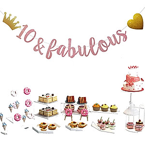 10 & Fabulous Banner, Pre-Strung, No Assembly Required, Funny Rose Gold Paper Glitter Party Decorations for 10th Birthday Party Supplies, Letters Rose Gold,ABCpartyland